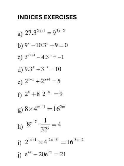 INDICES EXERCISES a) $27 3^{2x+1}