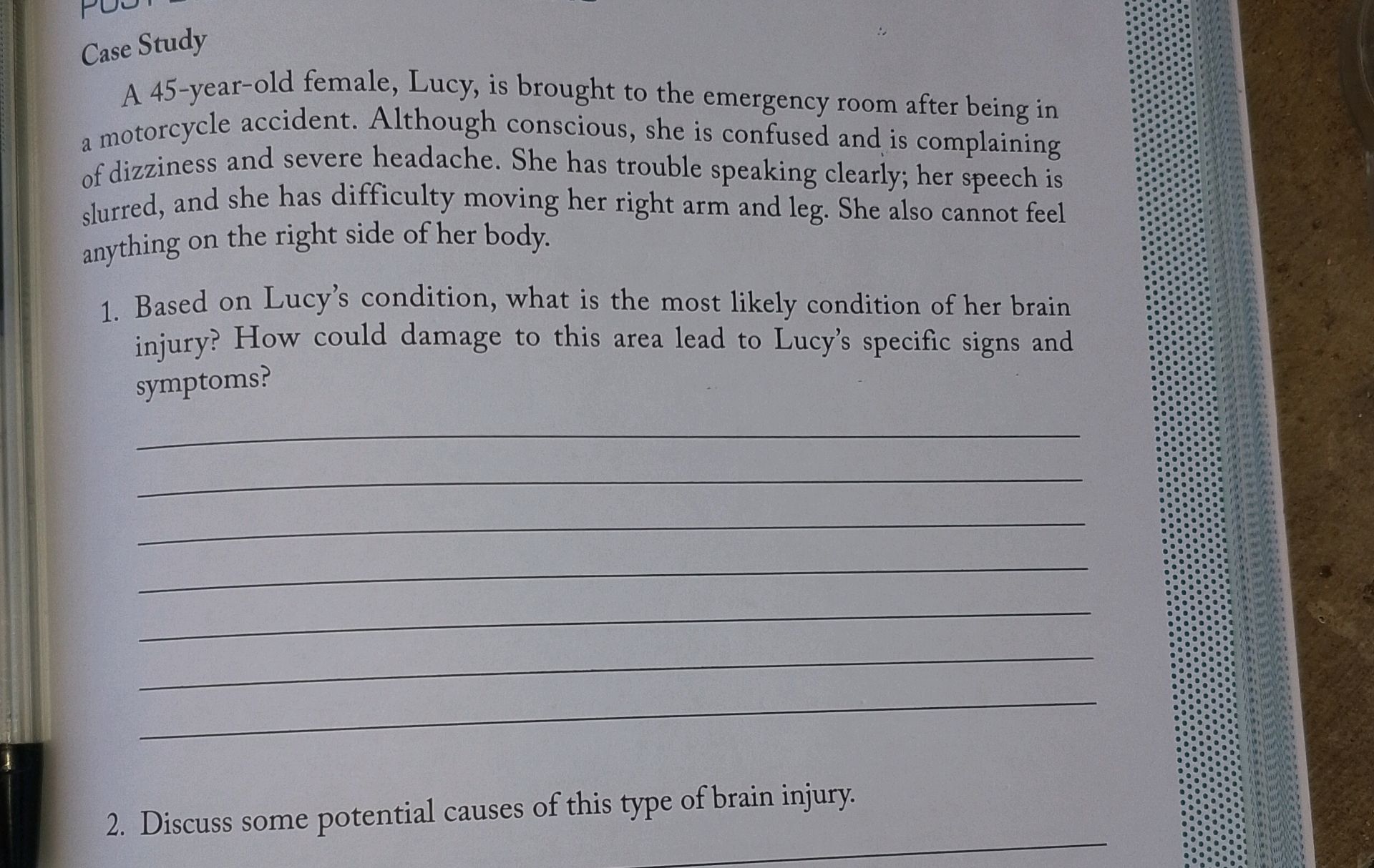 A 45-year-old female, Lucy, is brought to