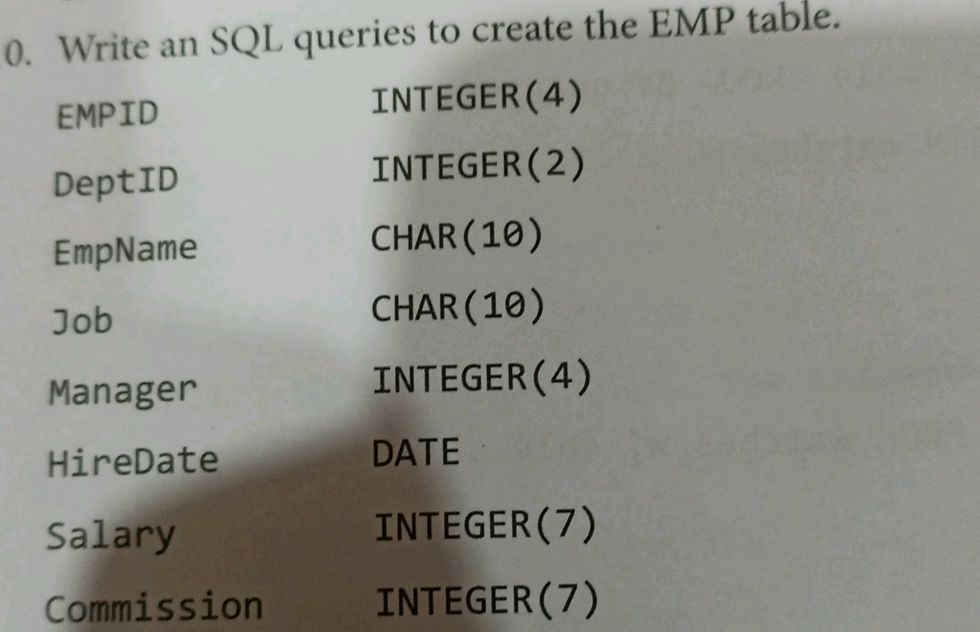 Write an SQL queries to create the EMP | StudyX