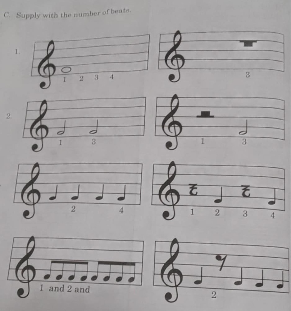 C. Supply with the number of beats. 1. 2. 3.