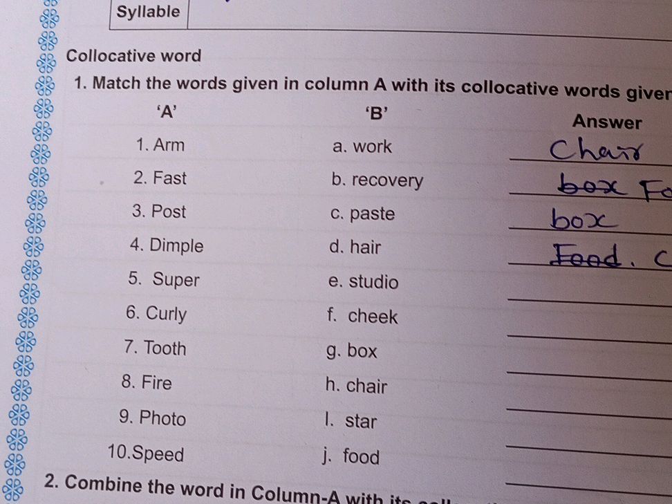 Match the words given in column A with its