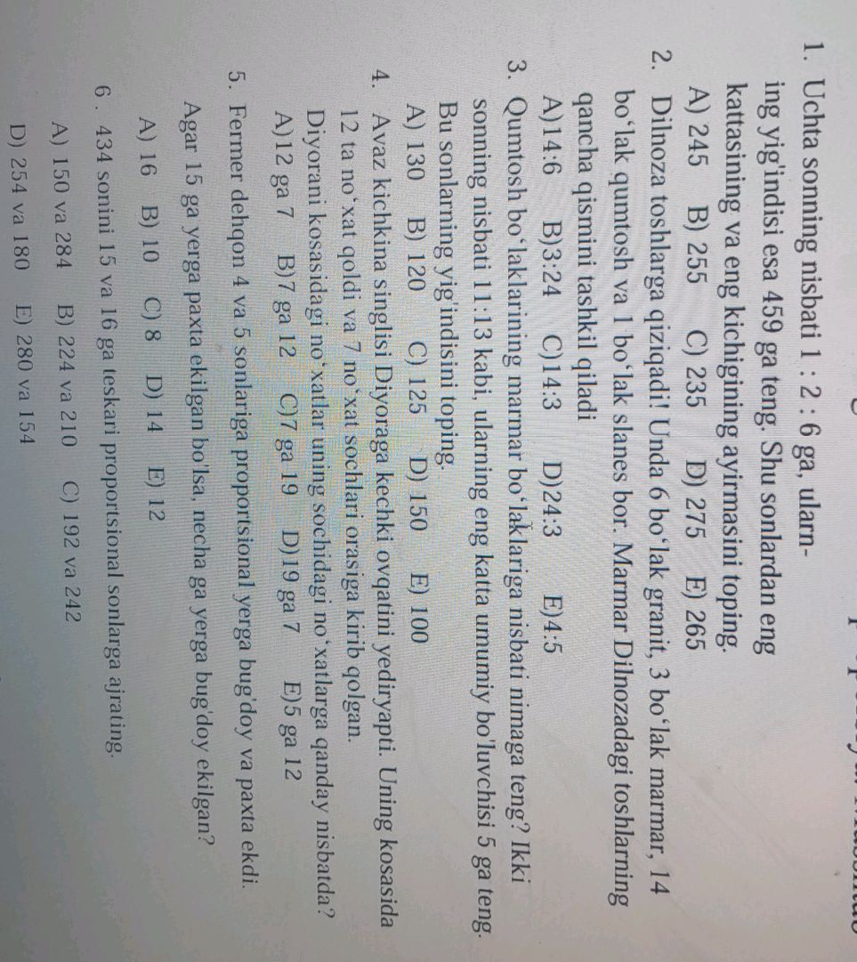 1. Uchta sonning nisbati 1:2:6 ga, ularning | StudyX