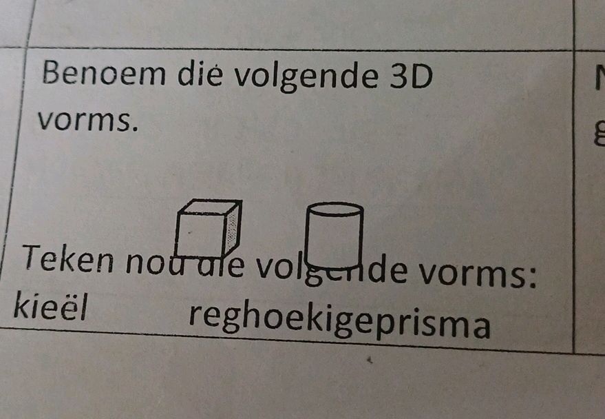 Benoem die volgende 3D vorms. Teken nou die