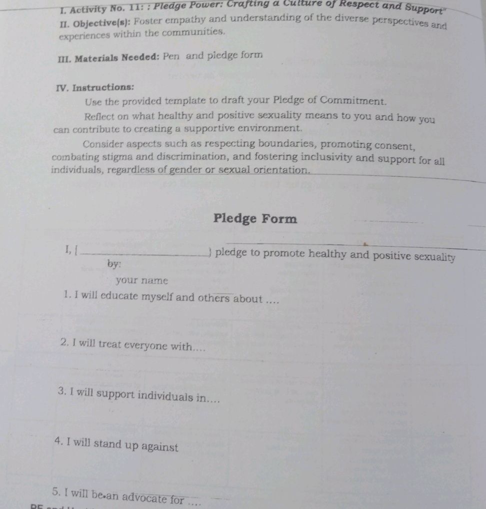 Pledge Form I, [] pledge to promote healthy