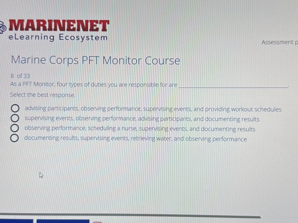 Marine Corps PFT Monitor Course 8 of 33 As a