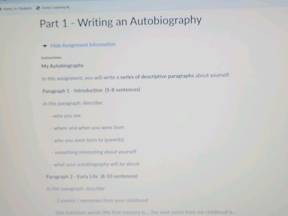 Part 1 - Writing an Autobiography My | StudyX