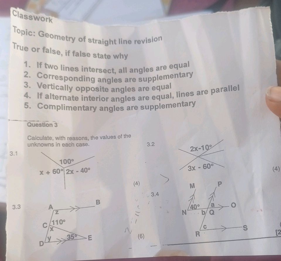 Classwork Topic: Geometry of straight line | StudyX
