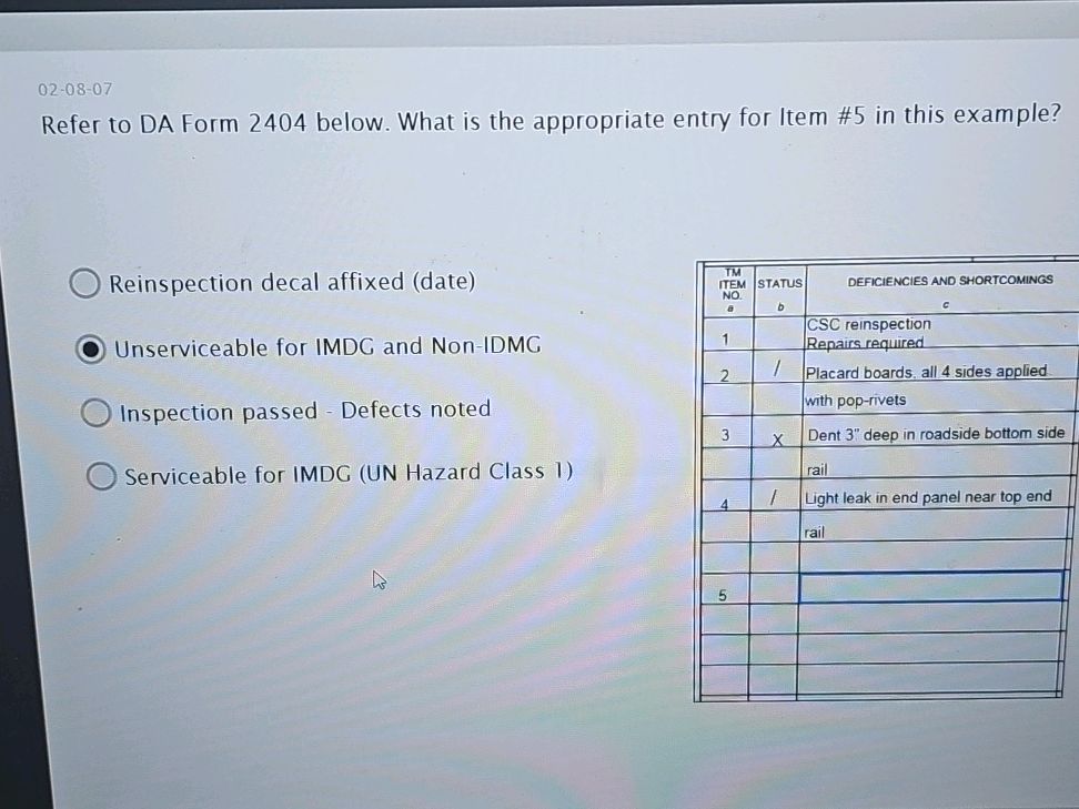 02-08-07 Refer to DA Form 2404 below. What