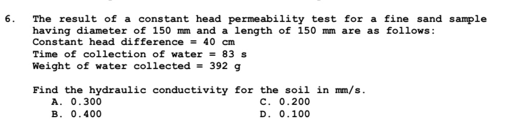 The result of a constant head permeability