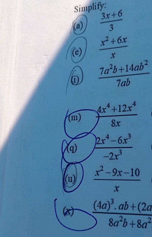Simplify: (a) $ {3x+6}{3}$ (e)
