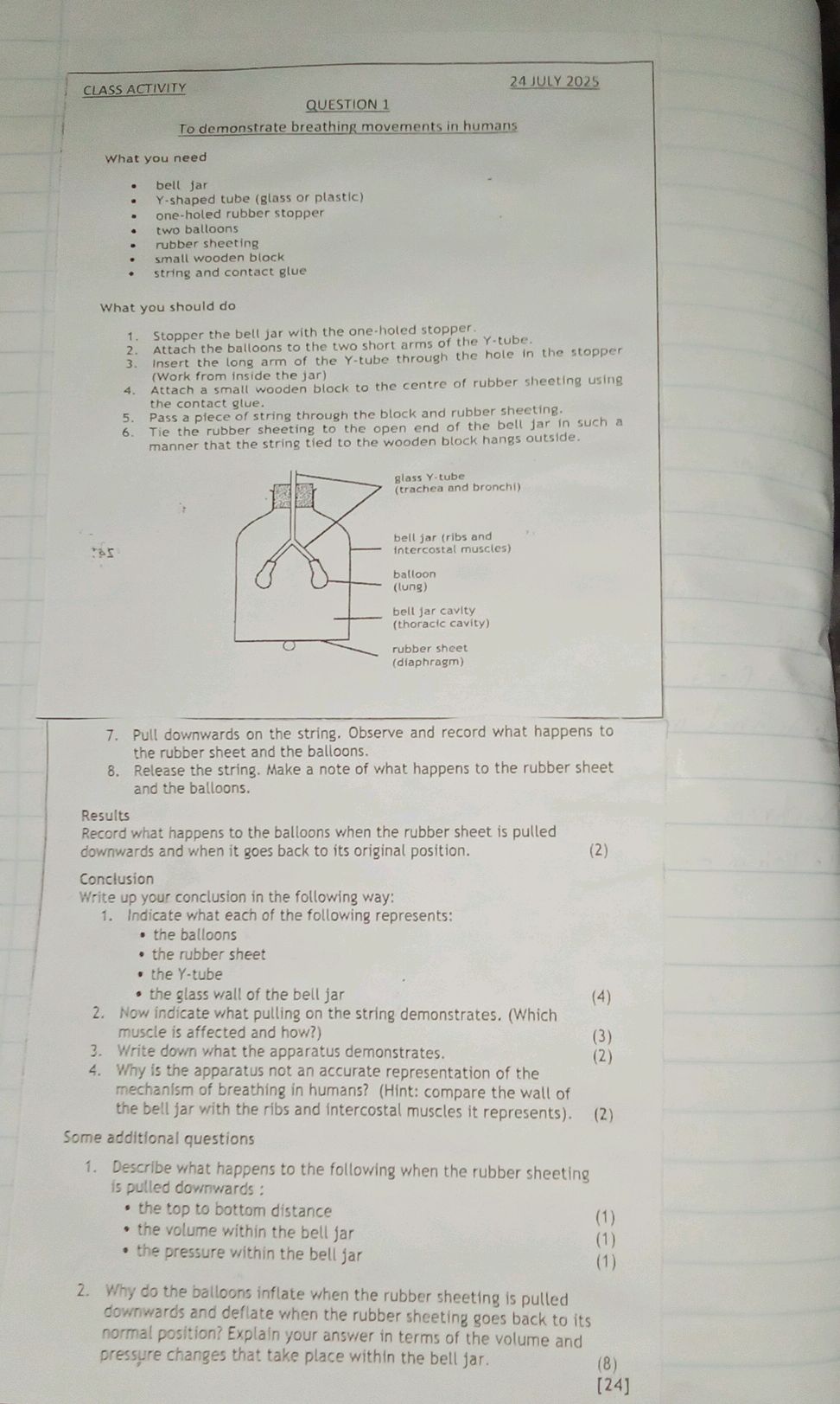 QUESTION 1 To demonstrate breathing