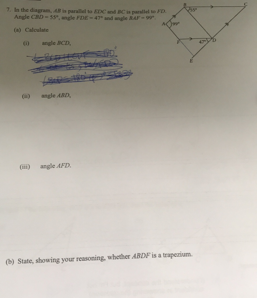 7. In the diagram, $AB$ is parallel to $EDC$ | StudyX