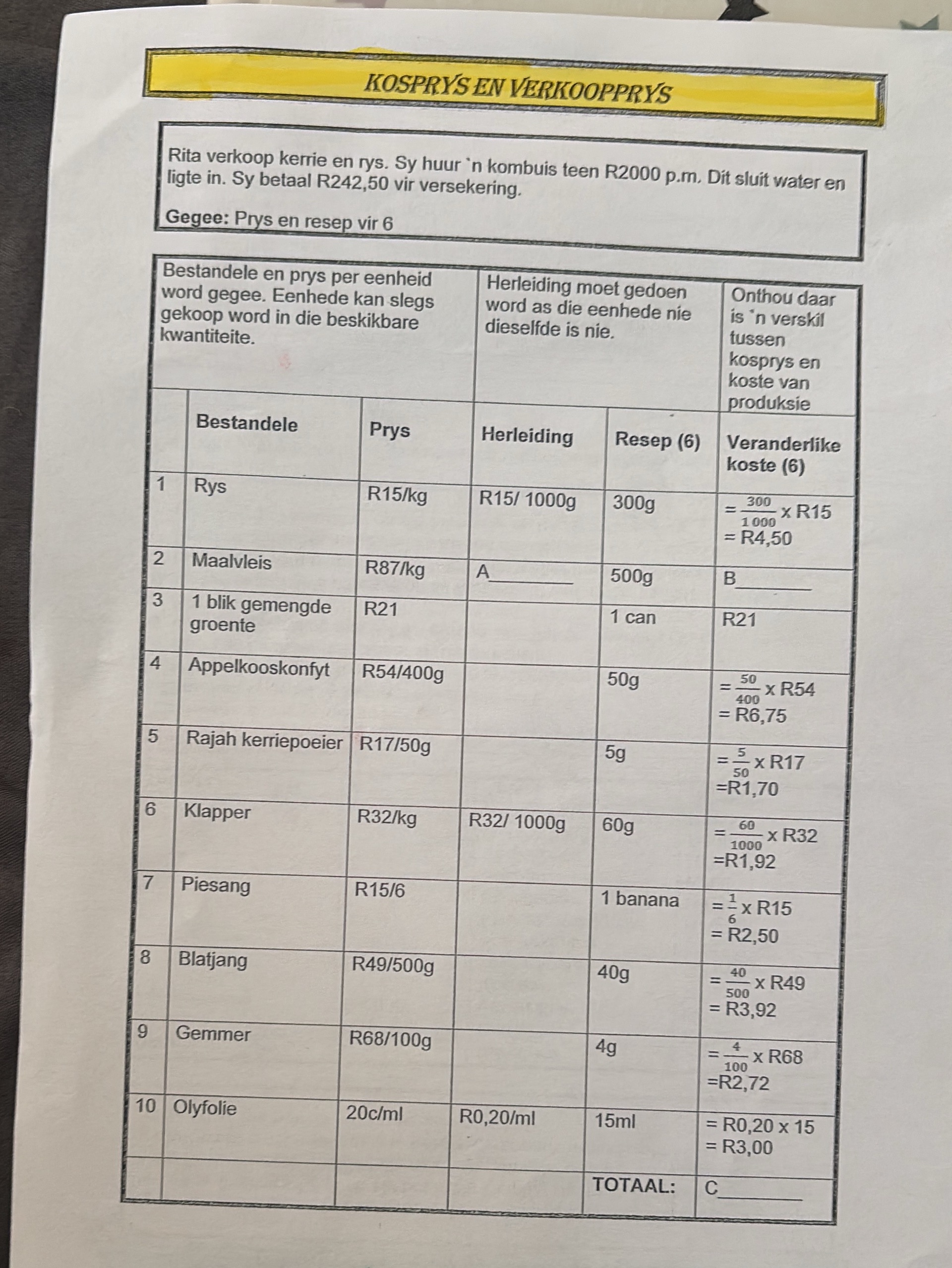 Rita verkoop kerrie en rys. Sy huur 'n | StudyX