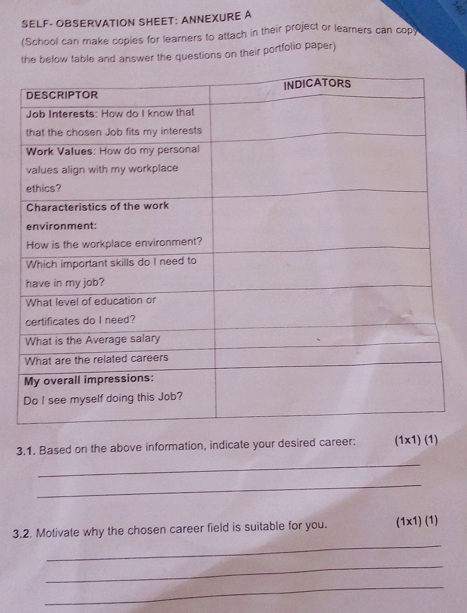 SELF- OBSERVATION SHEET: ANNEXURE A (School | StudyX