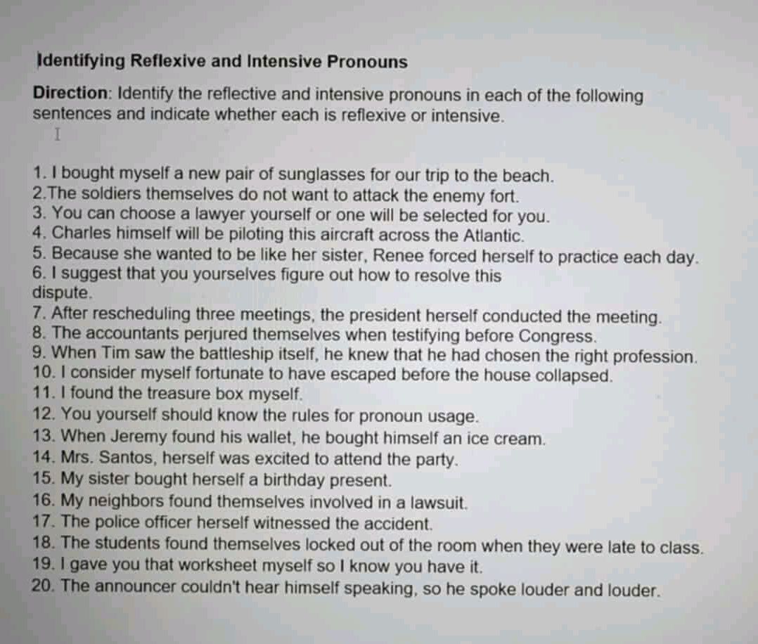 Identifying Reflexive and Intensive Pronouns | StudyX