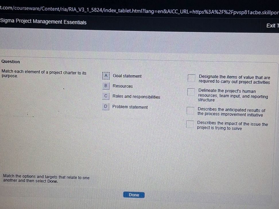 Match each element of a project charter to | StudyX
