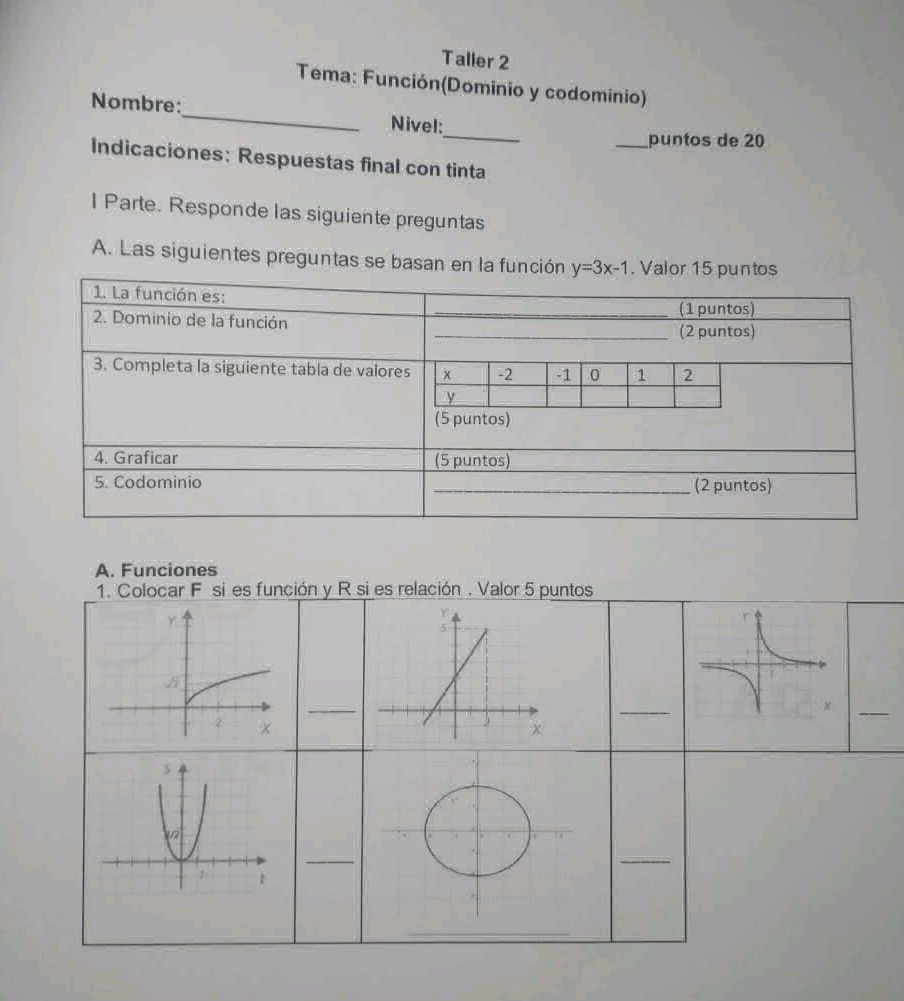 Taller 2 Tema: Función(Dominio y codominio) | StudyX