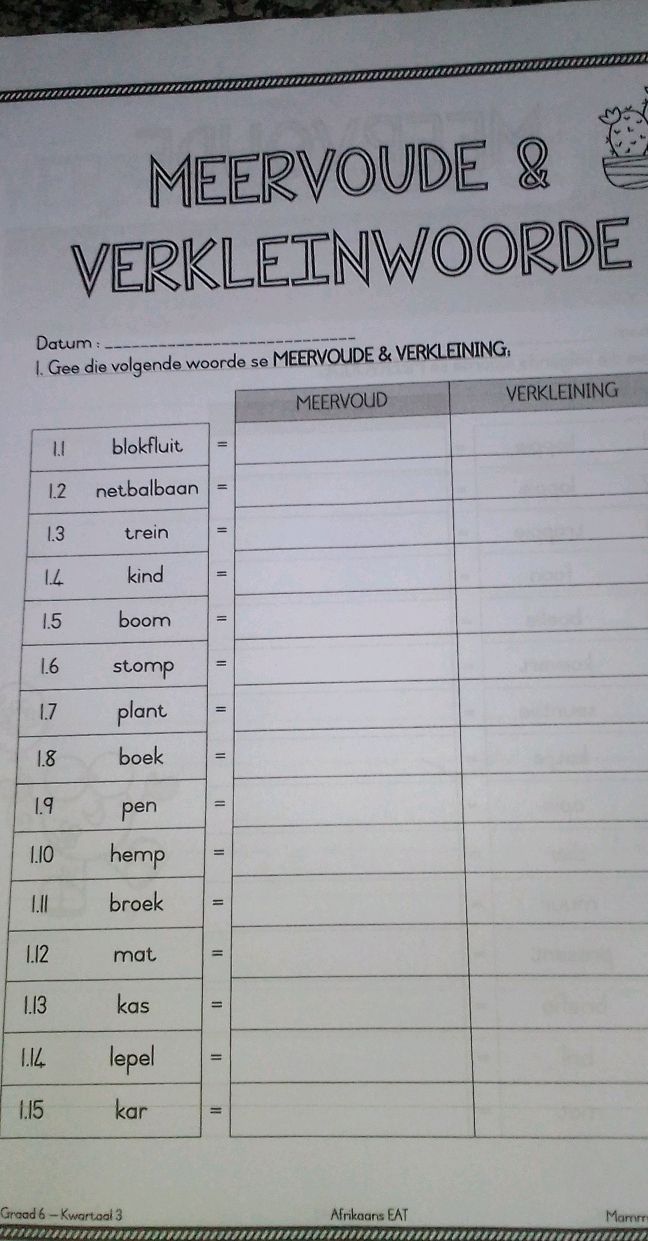 MEERVOUDE VERKLEINWOORDE Datum: 1. Gee die | StudyX
