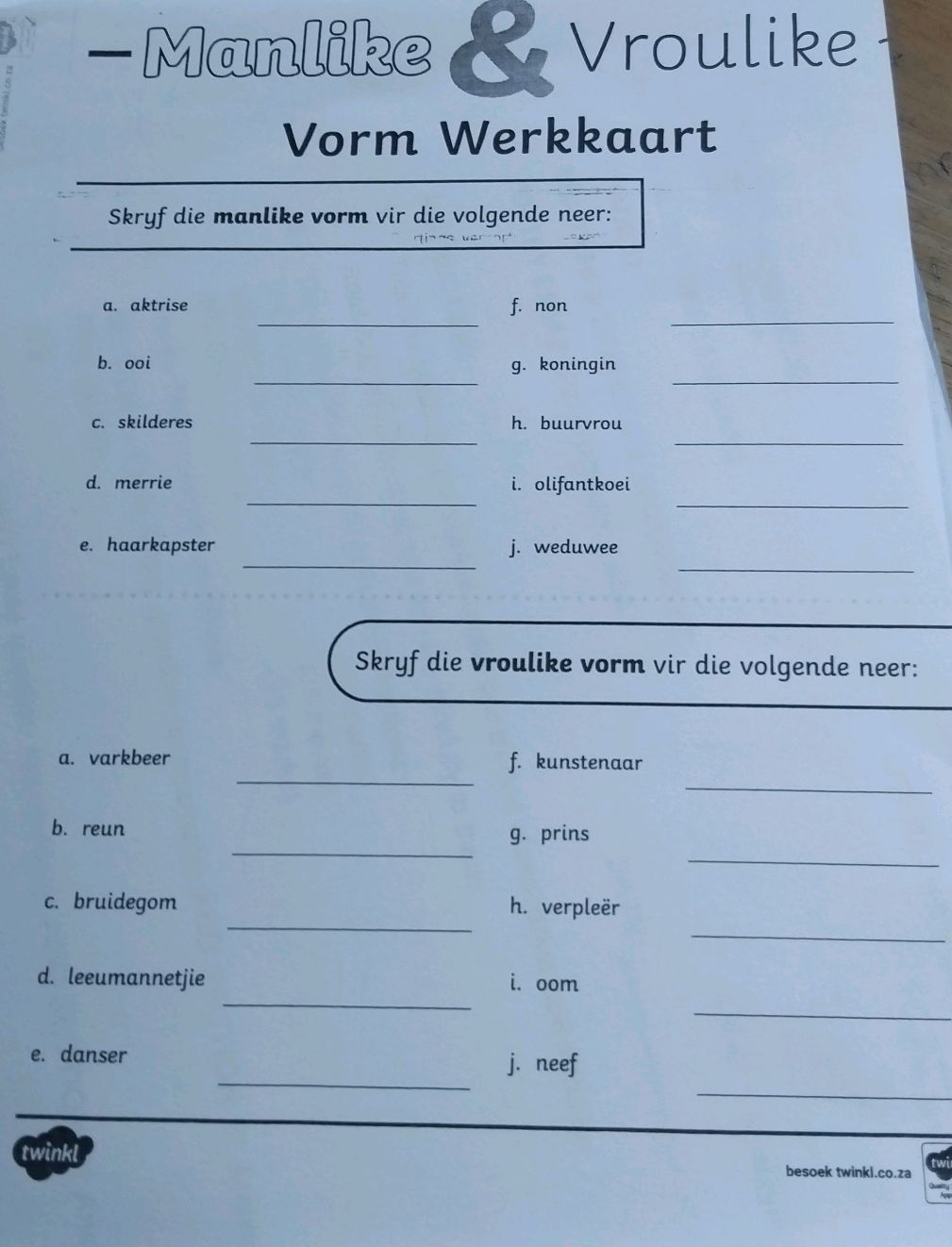 Skryf die manlike vorm vir die volgende