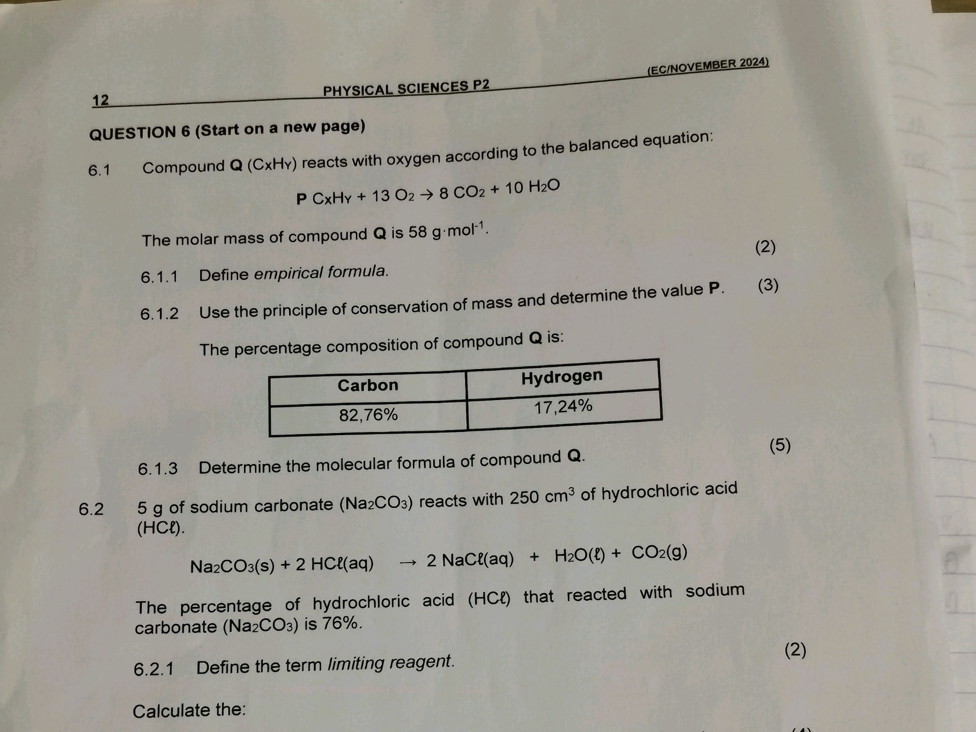 6. Compound Q (CxHy) reacts with oxygen | StudyX