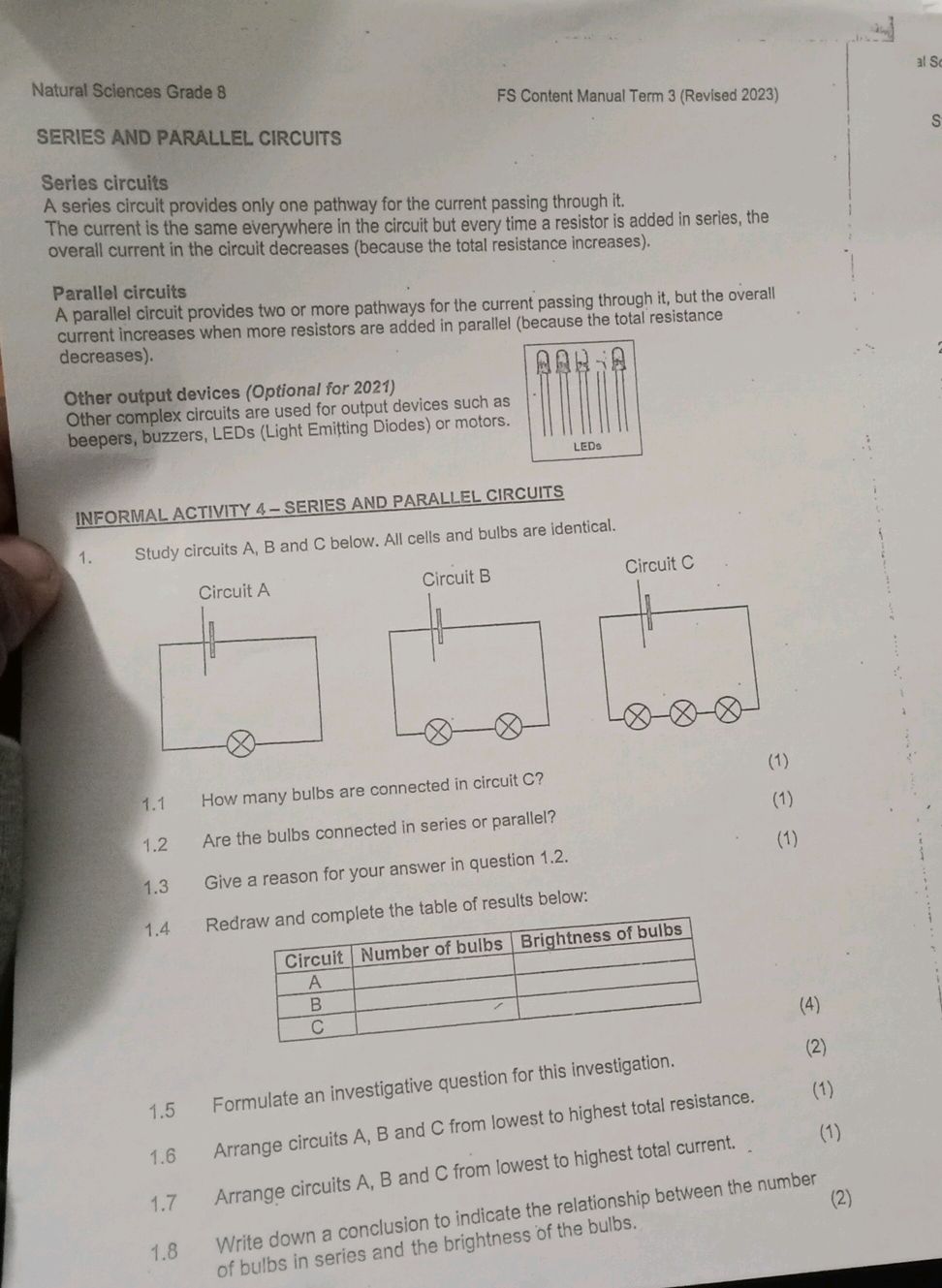 Natural Sciences Grade 8 SERIES AND PARALLEL | StudyX