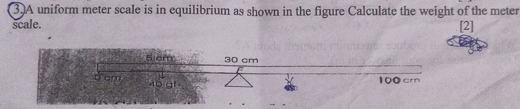 A uniform meter scale is in equilibrium as