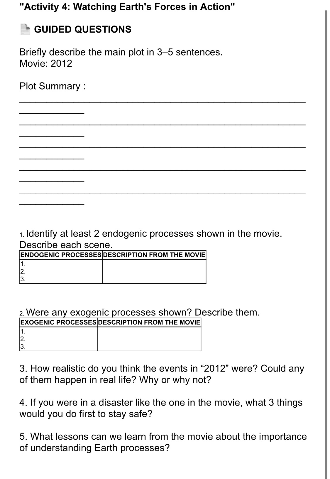 "Activity 4: Watching Earth's Forces in | StudyX