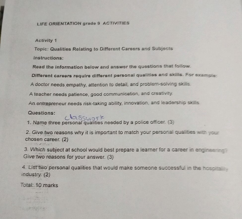 LIFE ORIENTATION grade 9 ACTIVITIES | StudyX