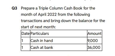 Q3 Prepare a Triple Column Cash Book for the