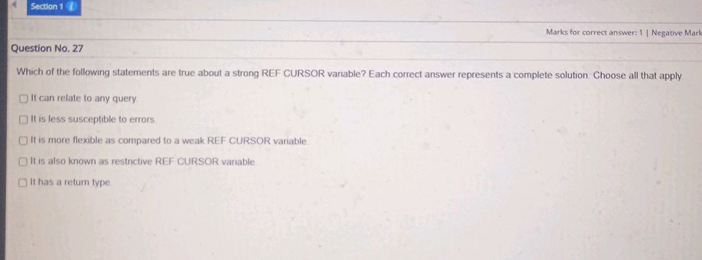 Section 1 Marks for correct answer: 1 | | StudyX