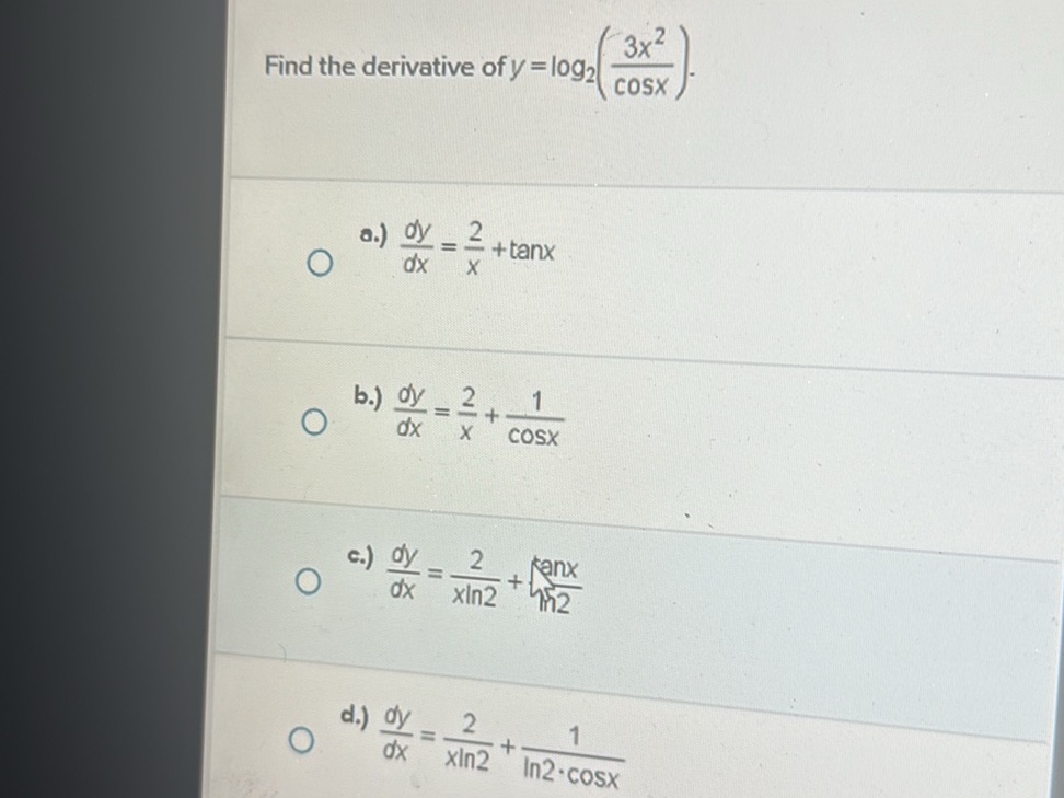 Find the derivative of $y = log_2( | StudyX