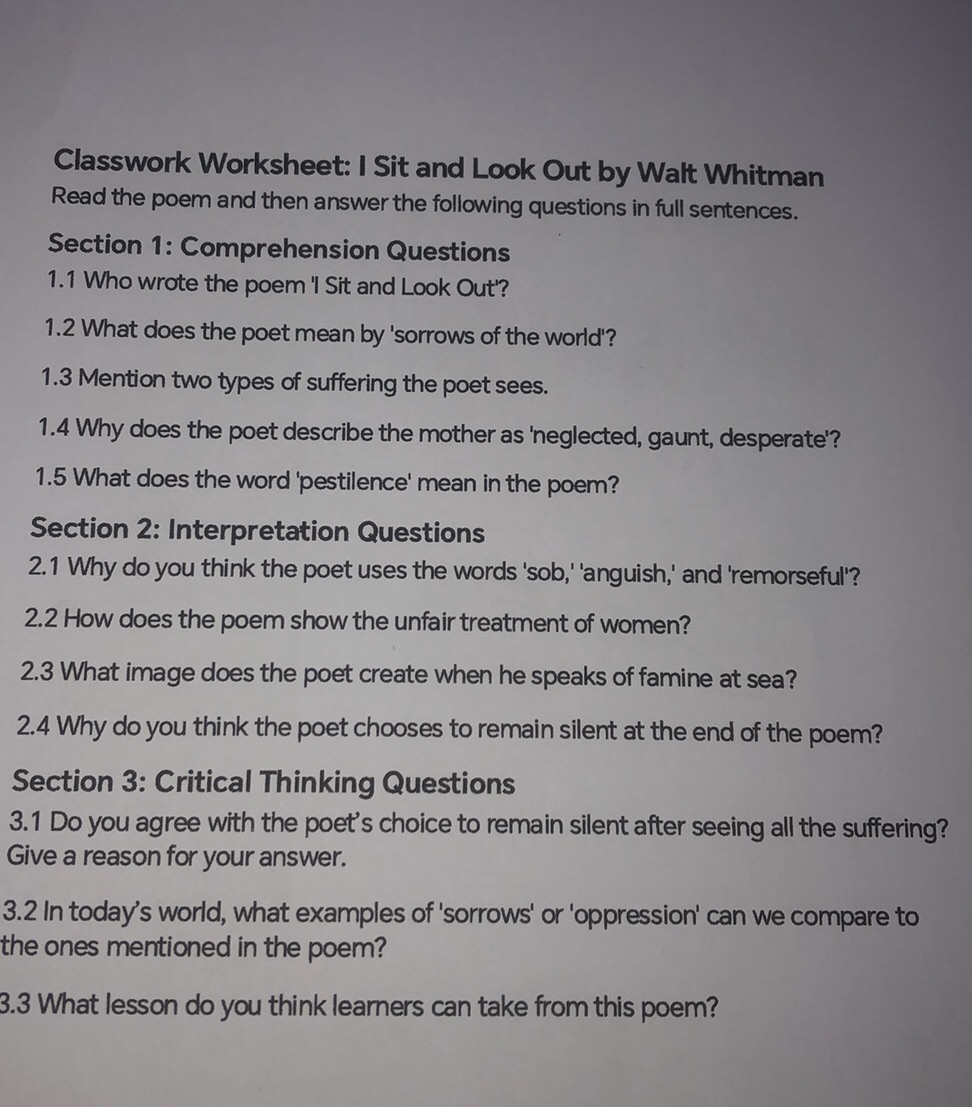 Classwork Worksheet: I Sit and Look Out by | StudyX