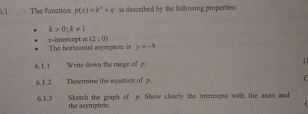 6.1 The function $p(x) = k^x + q$ is