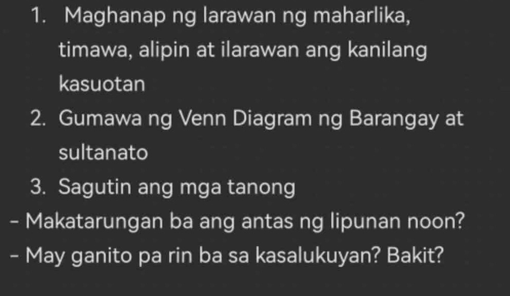 1. Maghanap ng larawan ng maharlika, timawa, | StudyX