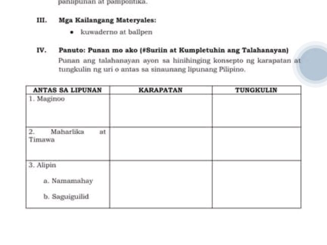 III. Mga Kailangang Materyales: - kuwaderno | StudyX