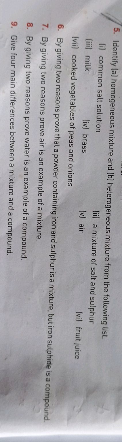 5. Identify (a) homogeneous mixture and (b) | StudyX