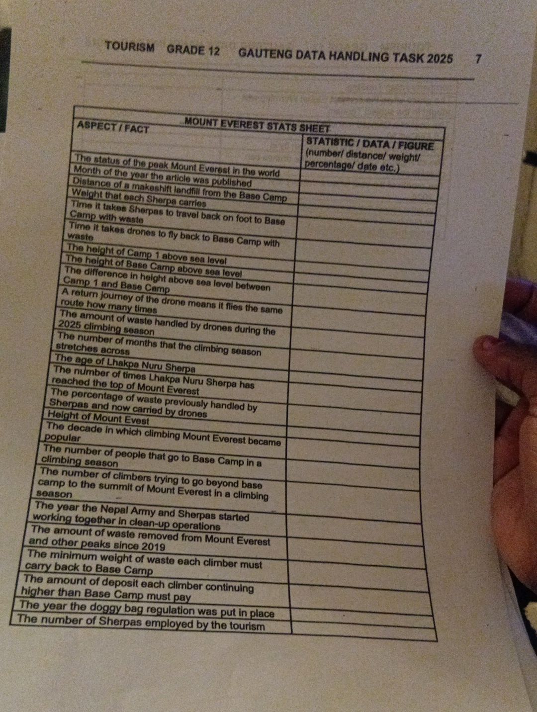 TOURISM GRADE 12 GAUTENG DATA HANDLING TASK | StudyX