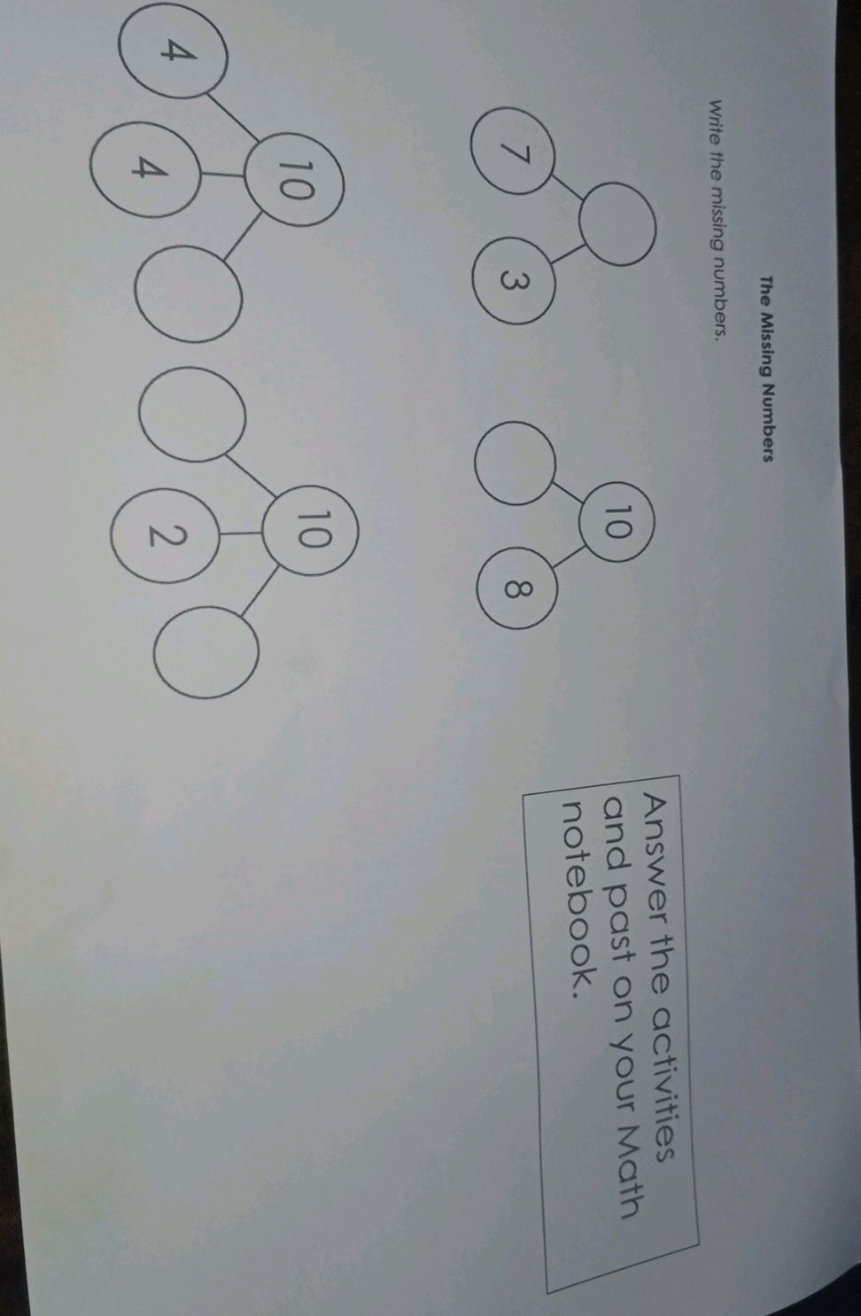 Write the missing numbers. 4 4 10 7 3 10 | StudyX
