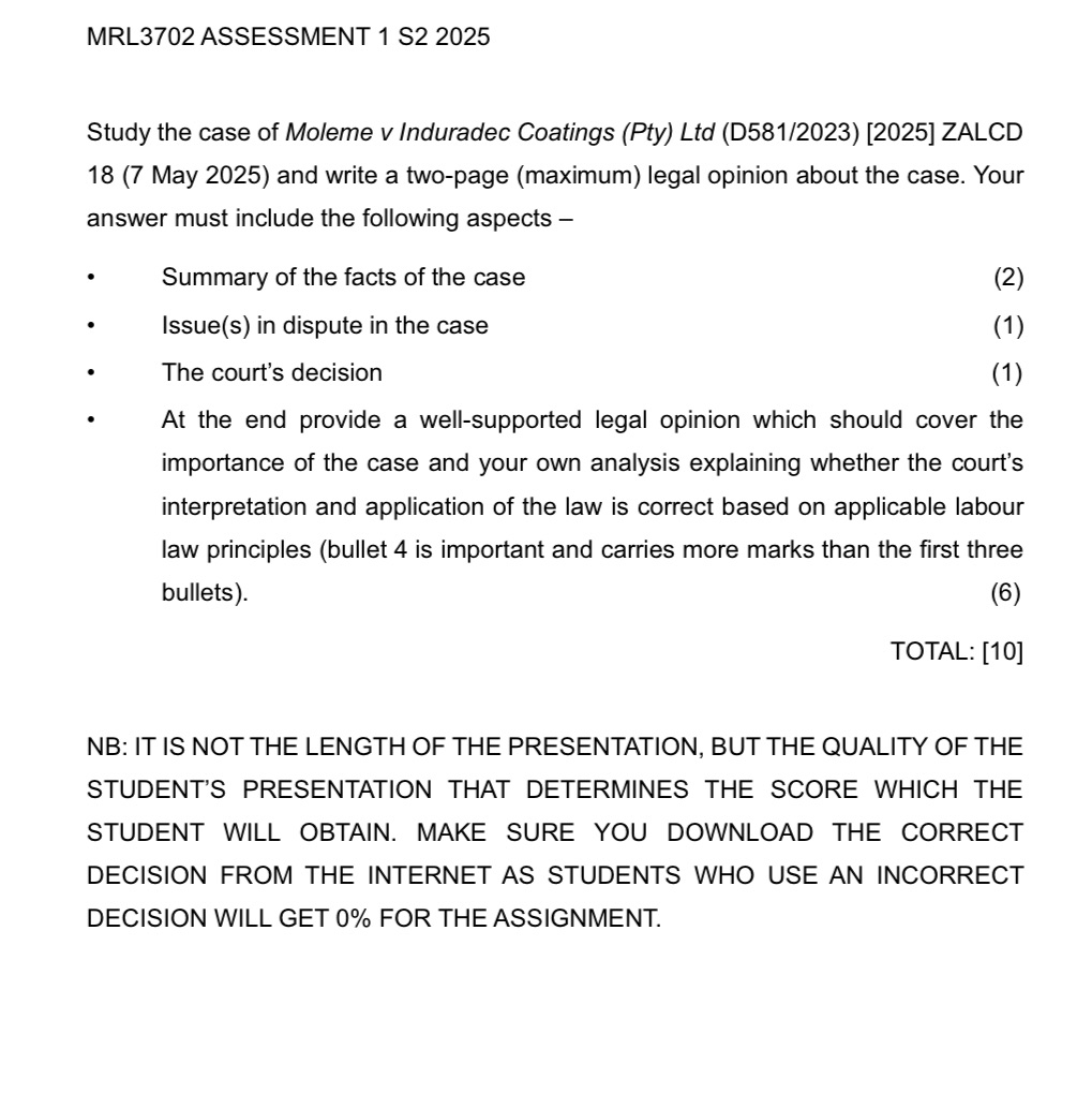 Study the case of Moleme v Induradec | StudyX