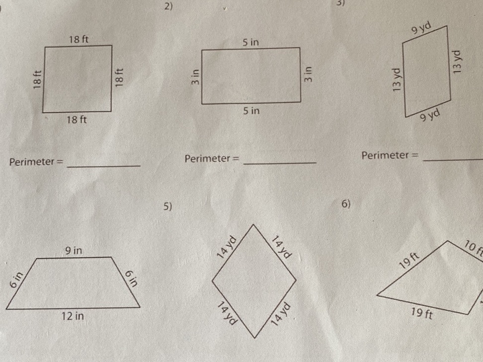 1) Perimeter = 2) Perimeter = 3) Perimeter