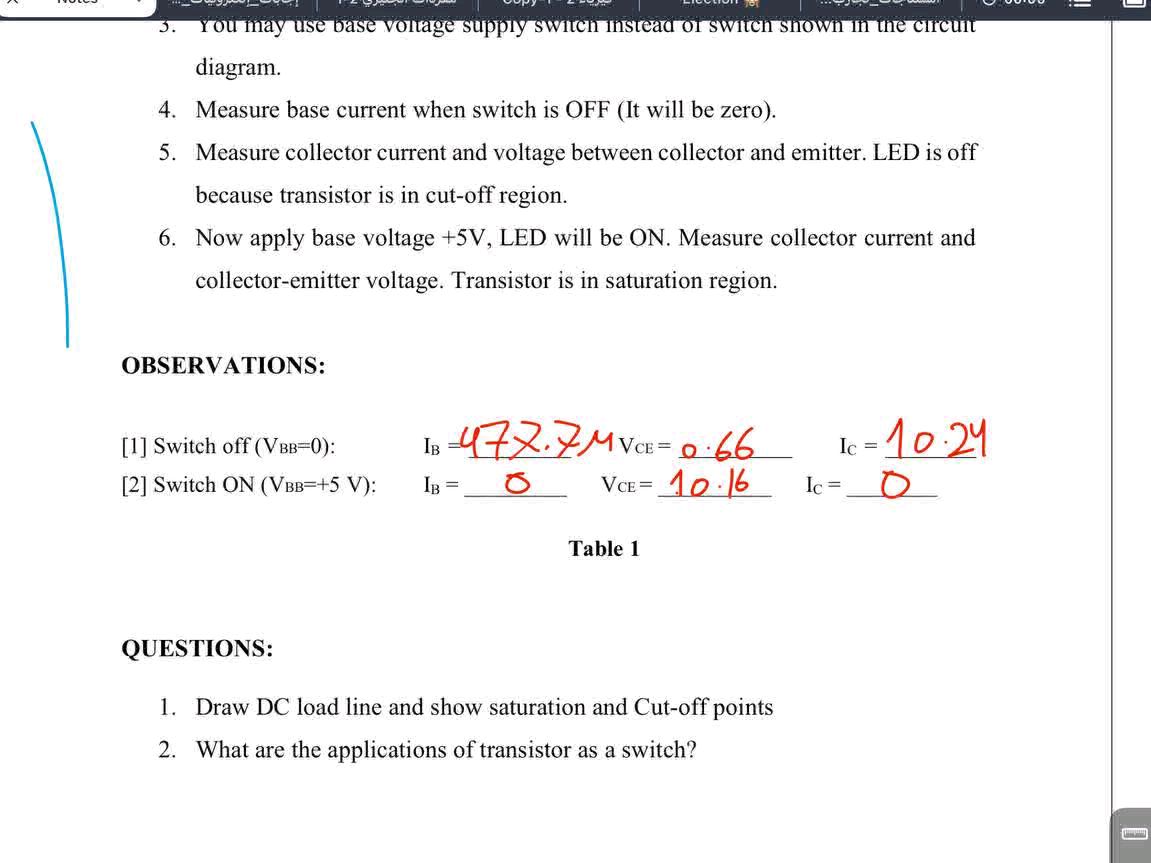 OBSERVATIONS: [1] Switch off (VBB=0): $I_B | StudyX