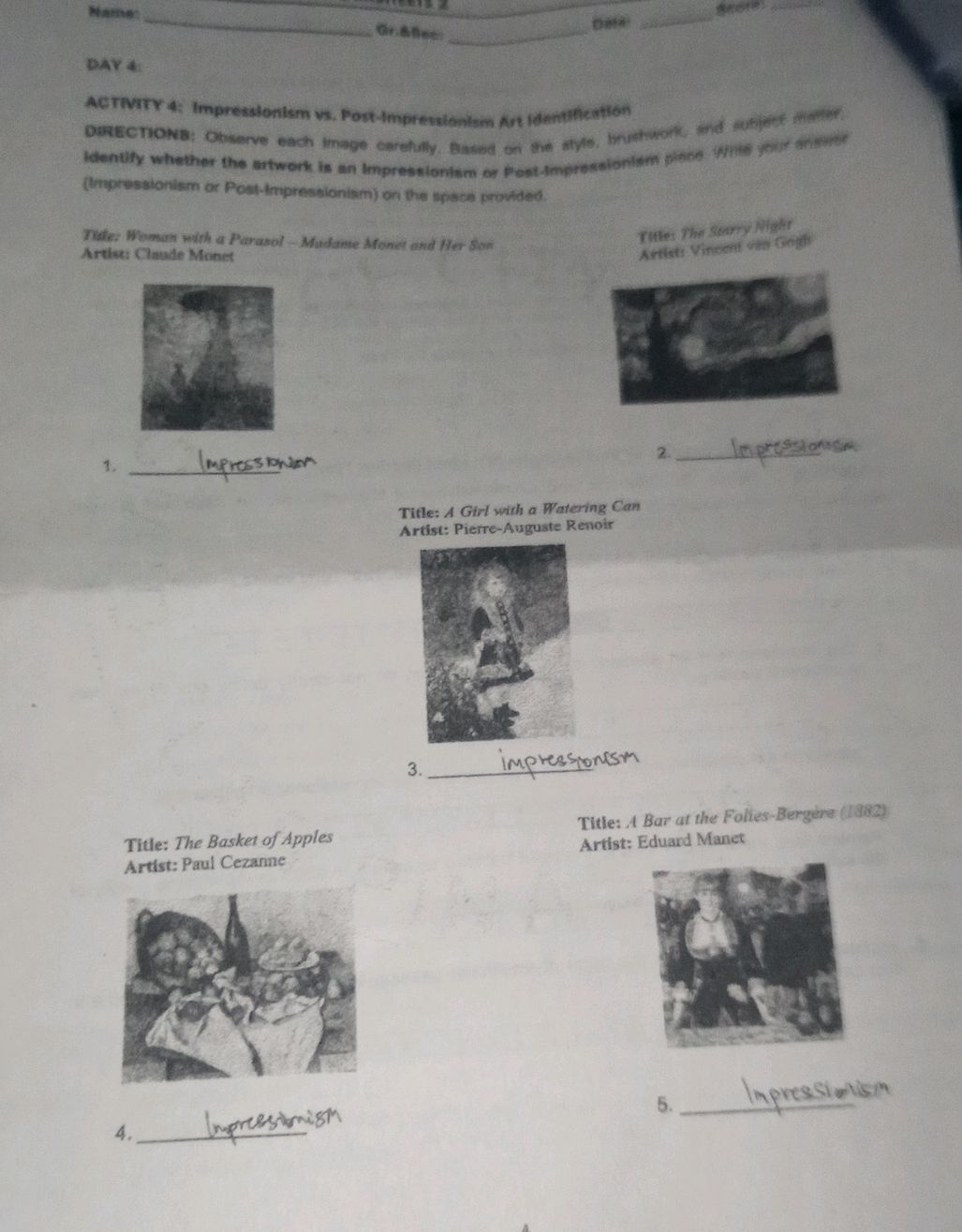 ACTIVITY 4: Impressionism vs. | StudyX