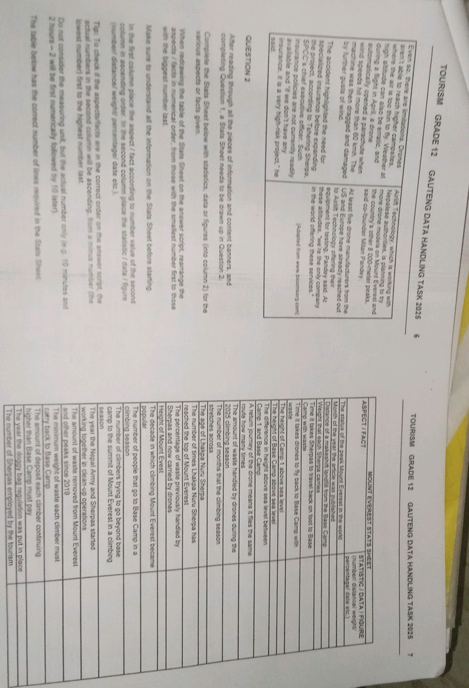 TOURISM GRADE 12 GAUTENG DATA HANDLING TASK | StudyX