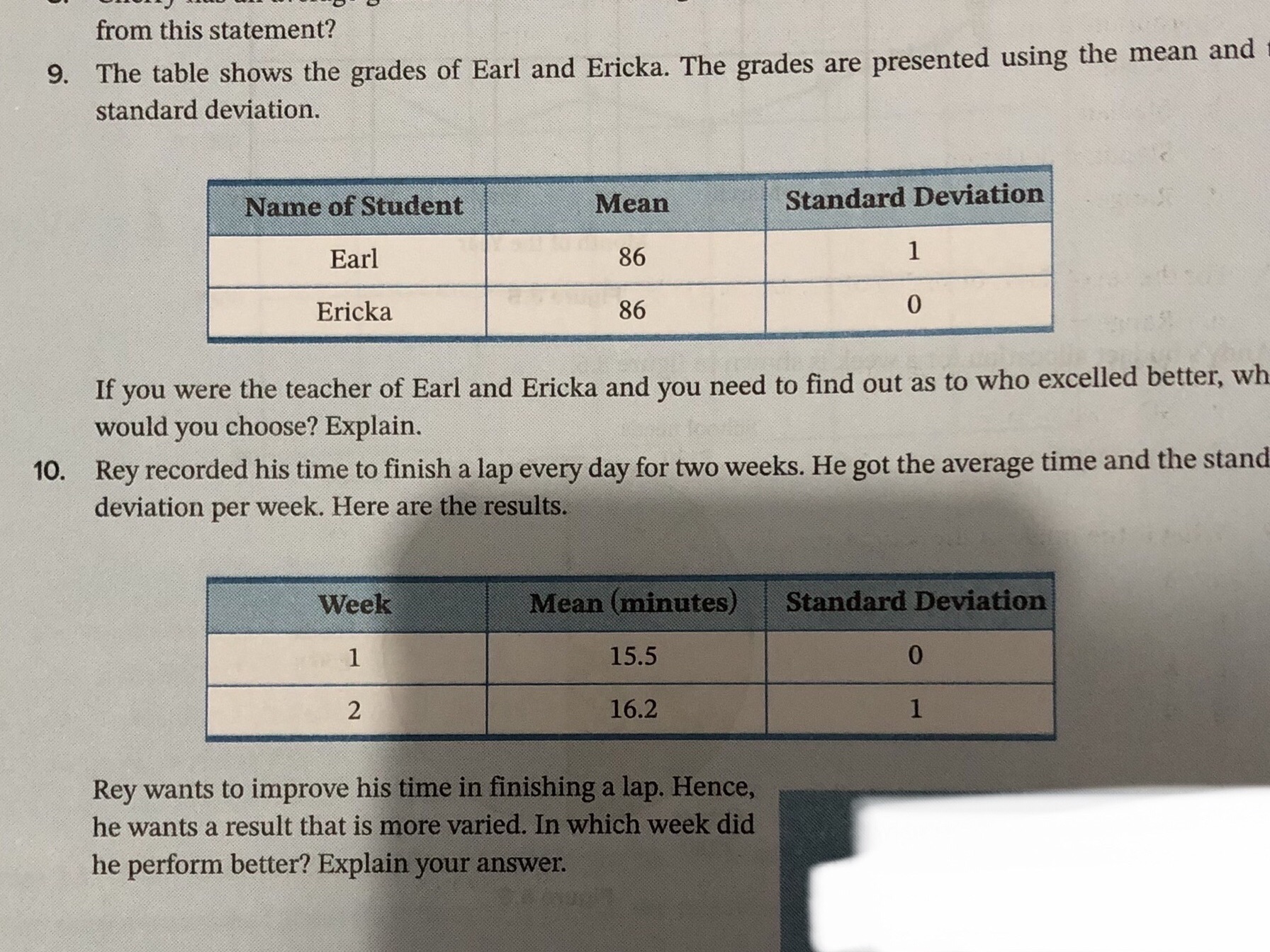 9. The table shows the grades of Earl and | StudyX