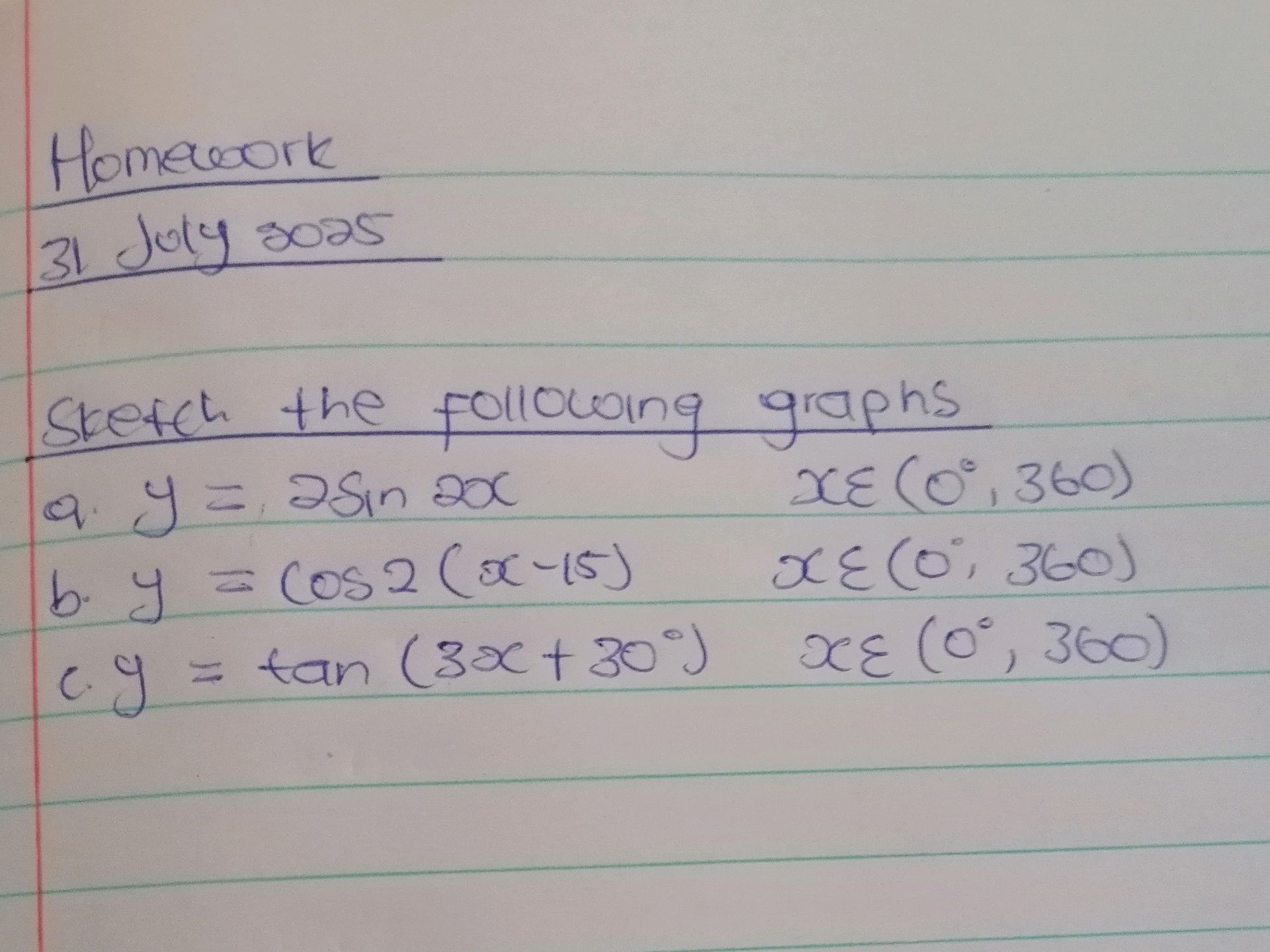 Sketch the following graphs a. $y