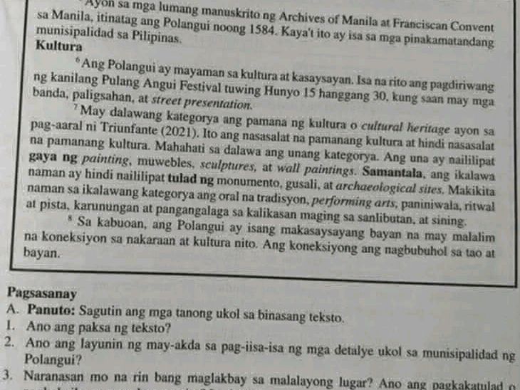 Pagsasanay A. Panuto: Sagutin ang mga | StudyX