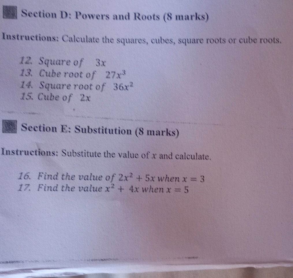Square of $3x$ 13. Cube root of $27x^3$ 14.