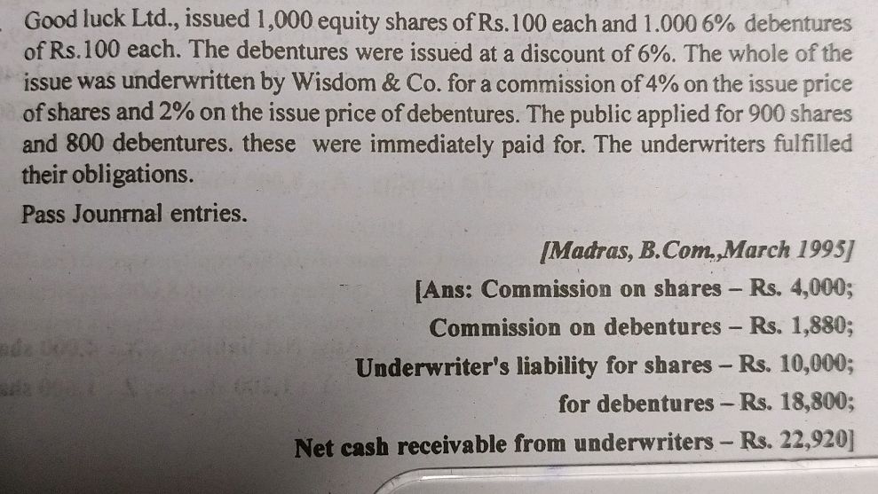 Good luck Ltd., issued 1,000 equity shares