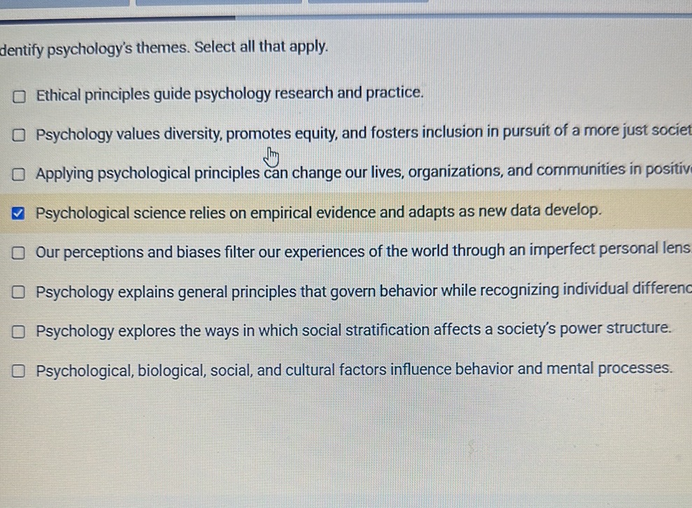 Identify psychology's themes. Select all | StudyX
