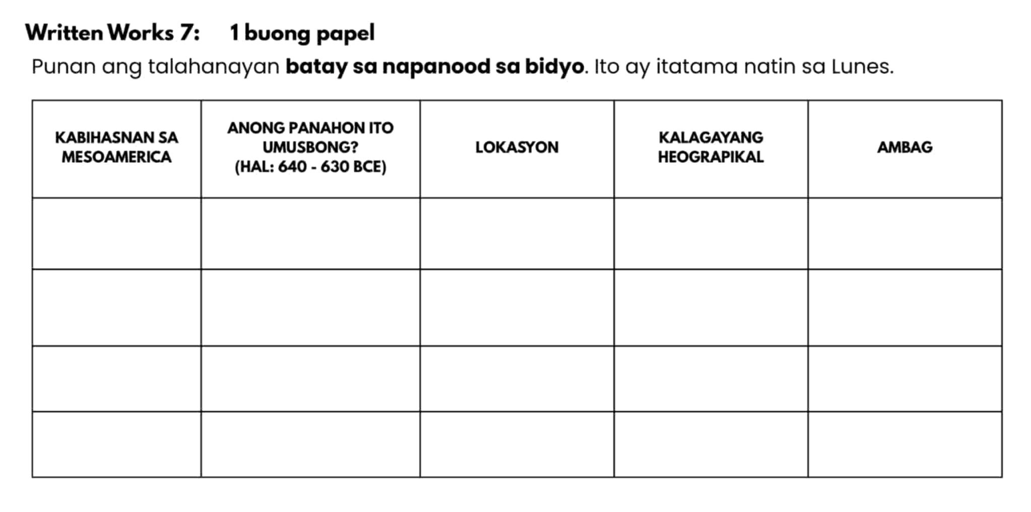 Punan ang talahanayan batay sa napanood sa | StudyX